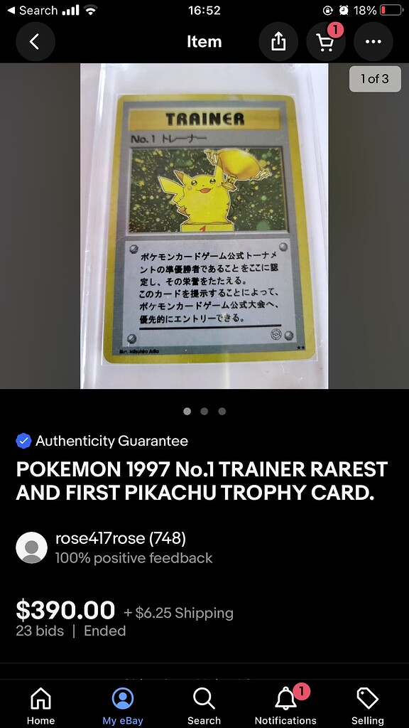 Pokémon 1997 No. 1 Trophy card sells for $390 on eBay - Market - Elite ...